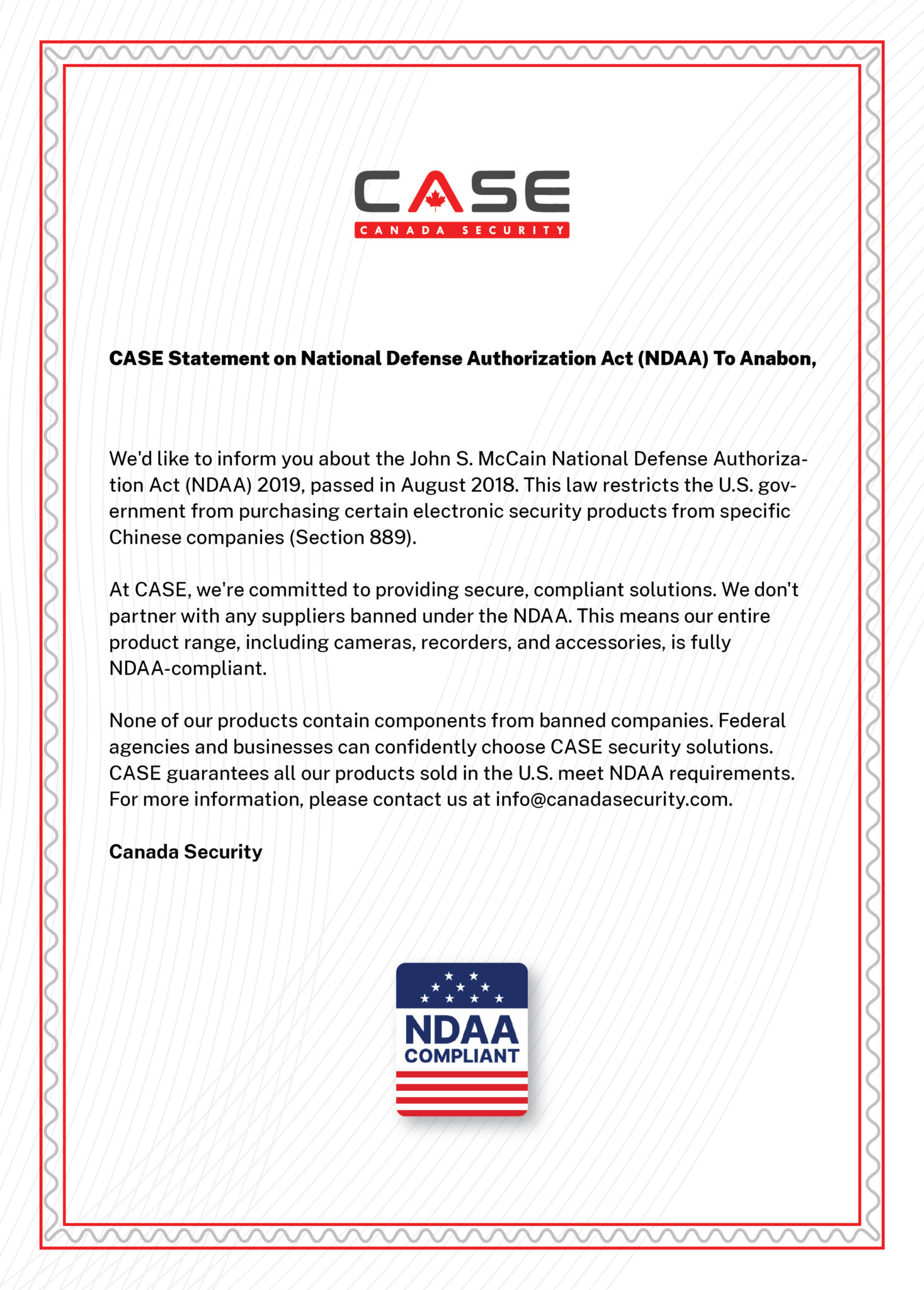 CASE NDAA Statement - Anabon Security Inc.